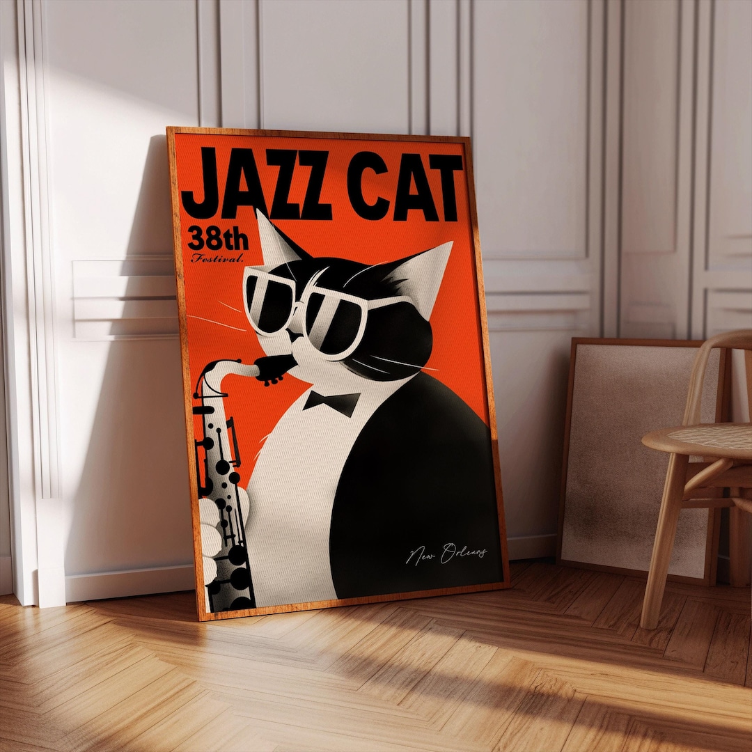 Jazz Cat Wall Art Print, New Orleans Poster, Retro Saxophone Decor ...
