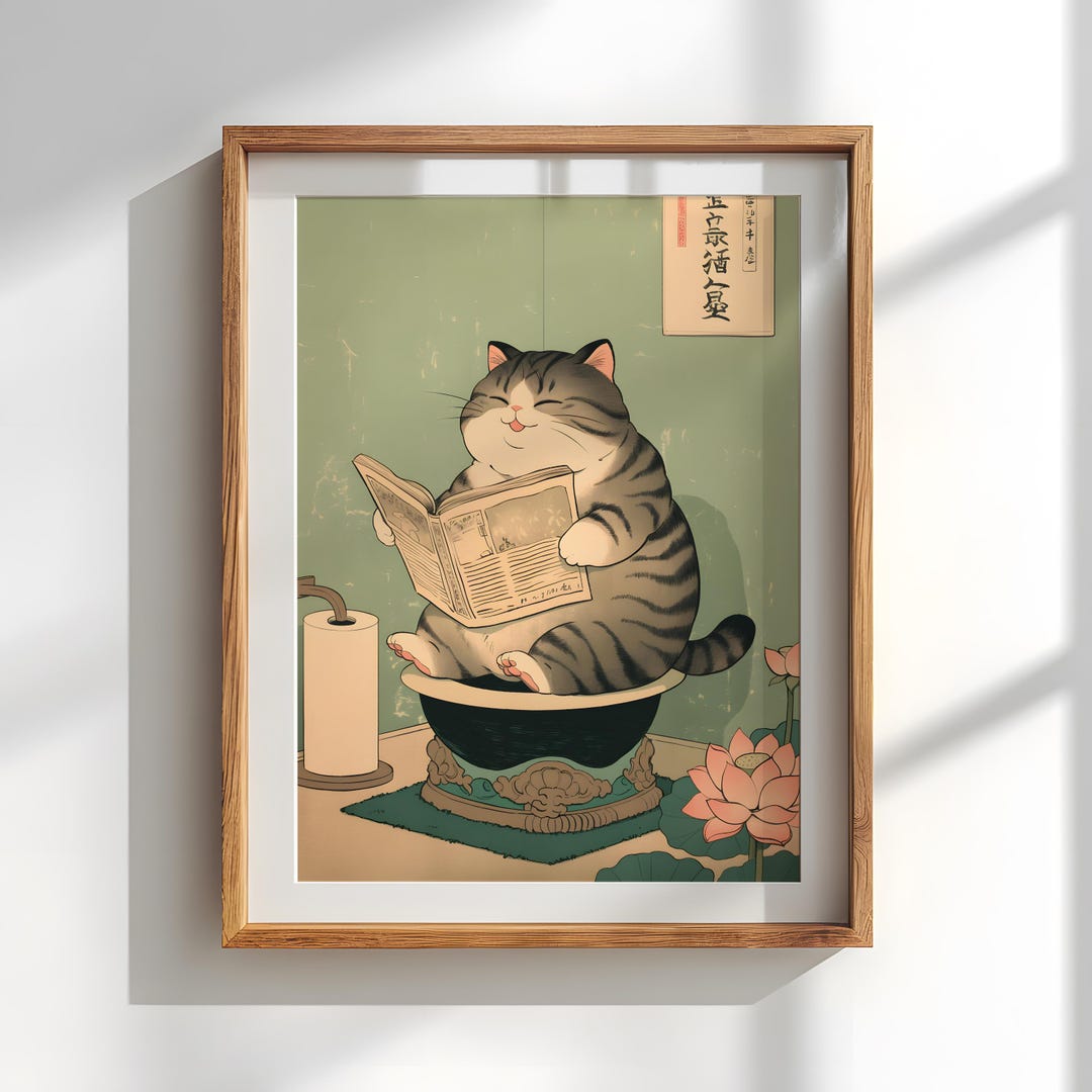 Ukiyo-e Tabby Cat Poster: Japanese Bathroom Art With Lotus, Funny Cat ...