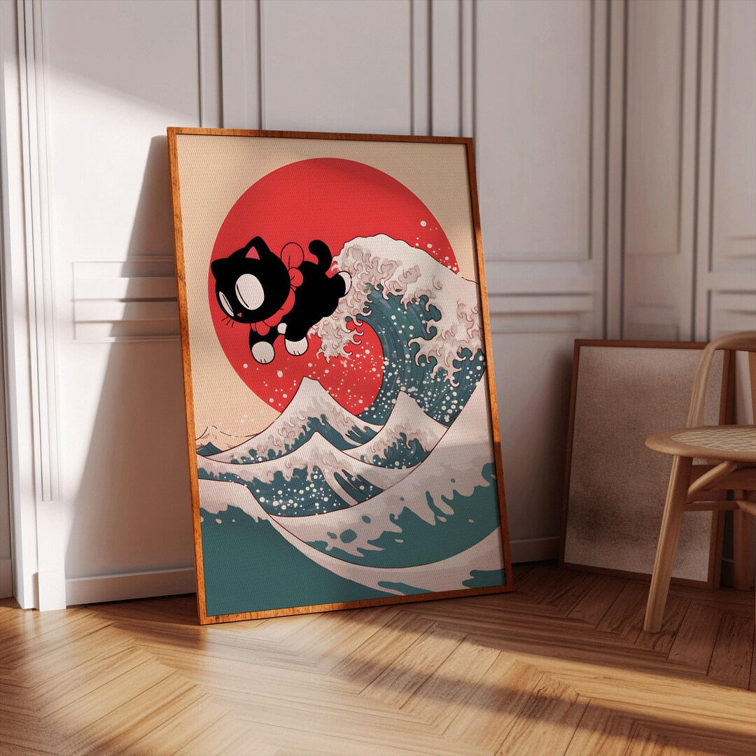 The Great Wave off Kanagawa Black Cat Japanese Art, Wall Art Funny Cat ...