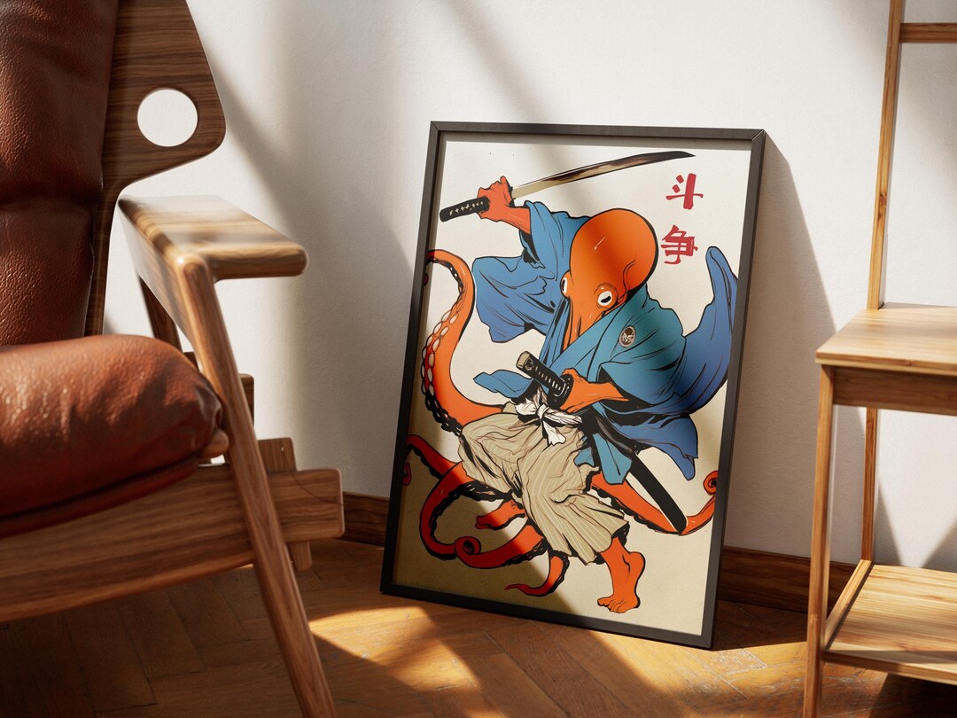 Samurai Octopus Poster, Bold Ninja Octopus Illustration, Japandi Home ...