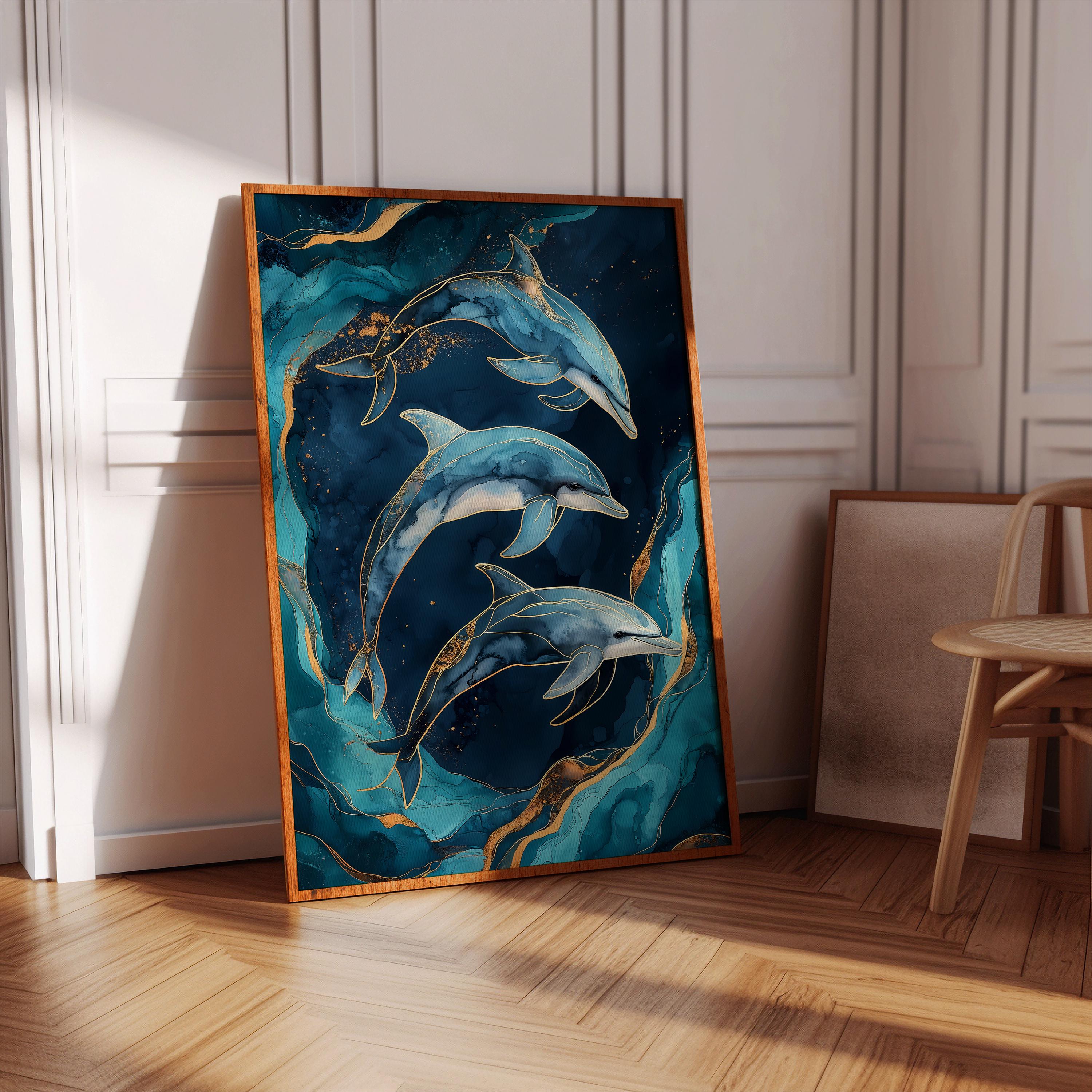 Dolphin Poster Prints, Dolphin Poster, Marine Art Blue Gold Art Prints ...