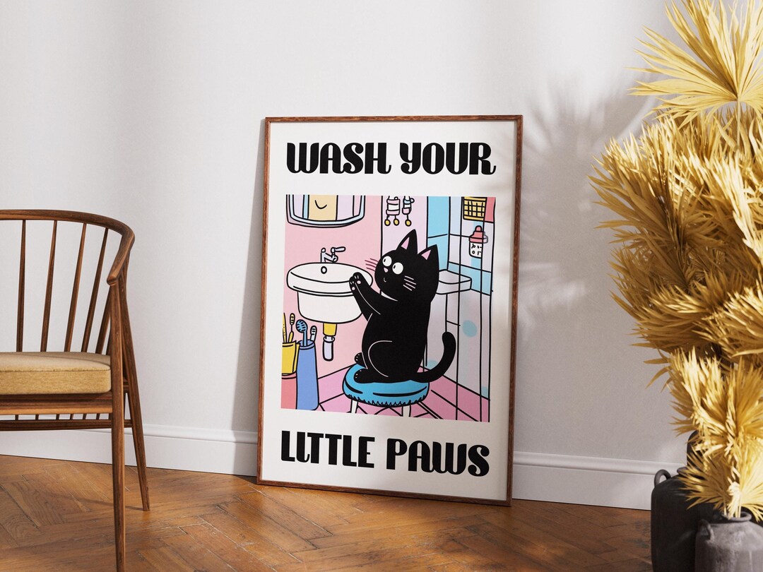 Cat Bathroom Poster, Handwashing Reminder, Wash Your Paws Cat Print ...