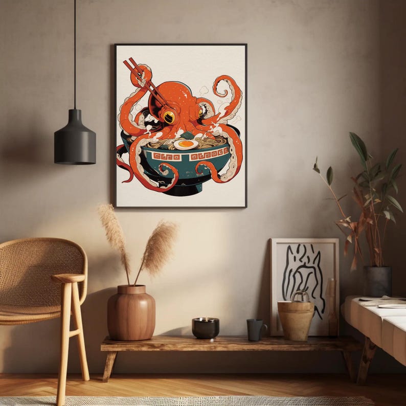 Ramen Octopus Poster, Sea Food Poster, Octopus Kitchen Wall Art, Ramen ...