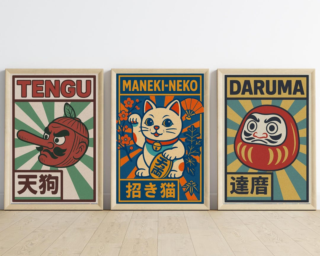Japanese Wall Art Set Vintage Poster Maneki Neko Daruma Tengu Print ...