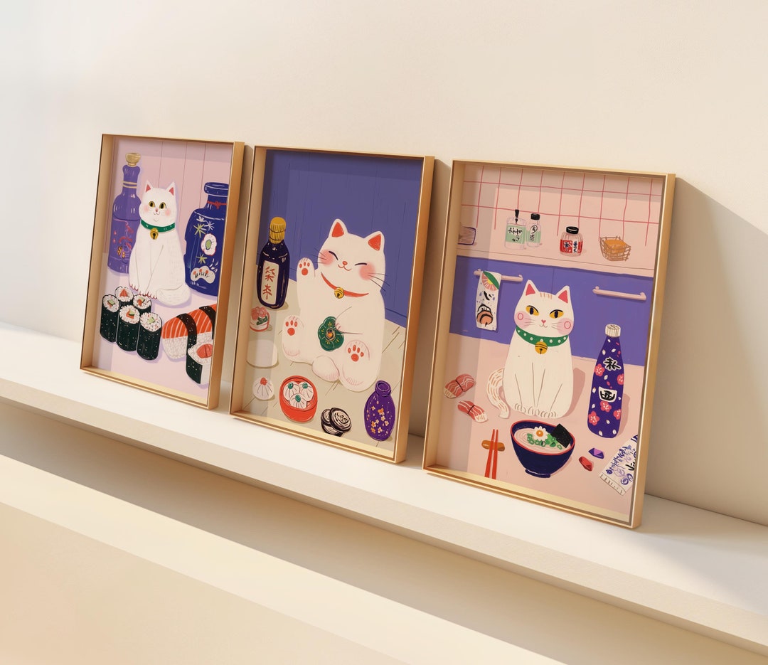 Maneki Neko Poster, Cat Eating Noodles and Dumplings, Kitchen Wall Art, Japanese Cat, Digital ...
