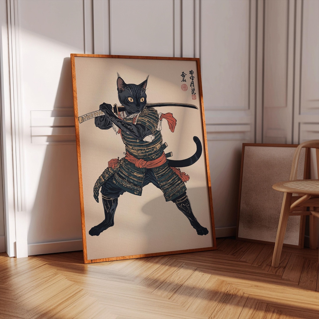 Japanese Ninja Cat Art – Woodblock Style, Vintage Japandi Decor, Gift ...