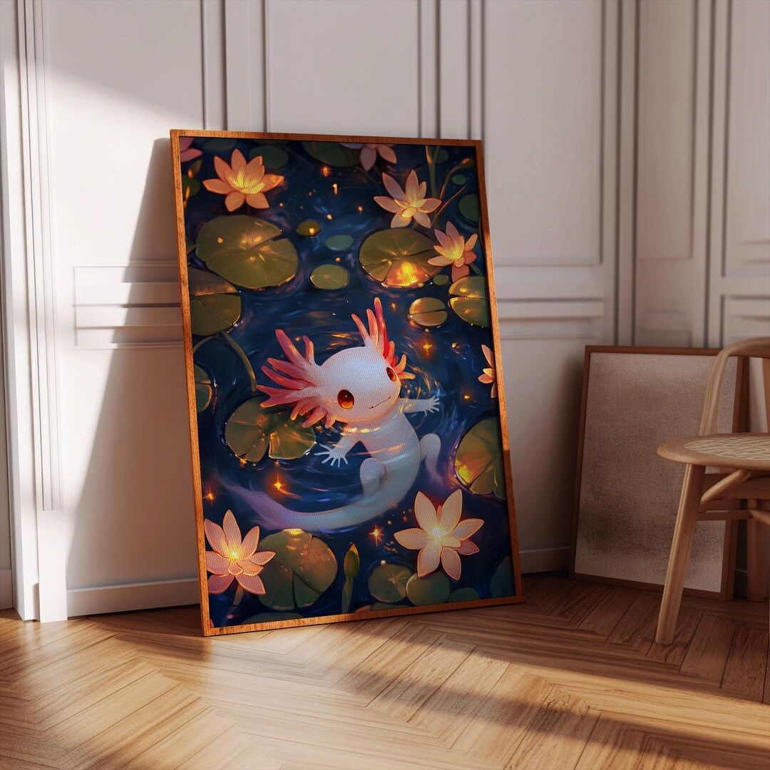 Axolotl Art Print, Pond Poster, Frog Lilypad, Amphibian Art, Axolotl ...