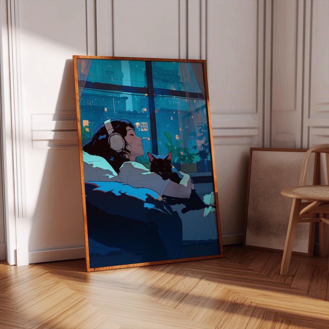 Anime Girl With Cat Print, Logi Girl, Anime Lofi, Japanese Cat Art ...