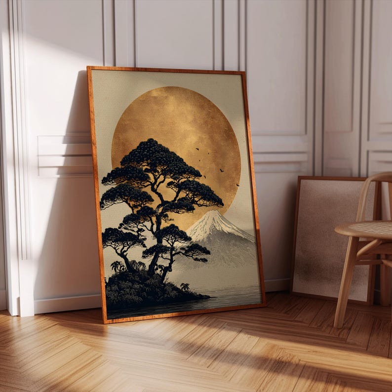Japanese Sun Wall Art: Mount Fuji Poster Gold Sun Print, Zen Landscape ...