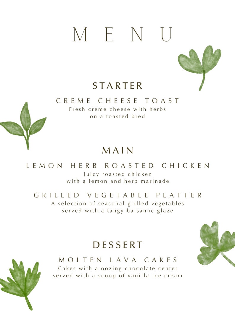 Restaurant Menu Template, Printable Menu Card, A4, Resizable, Instant ...