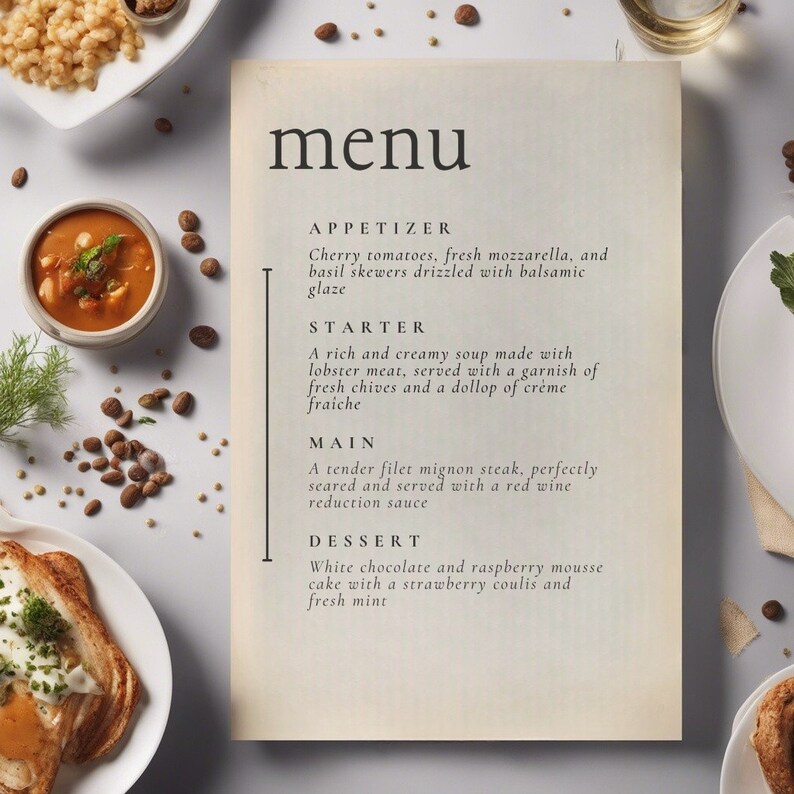 Chic Menu Template, Printable Menu Card, A4, Resizable, Instant ...