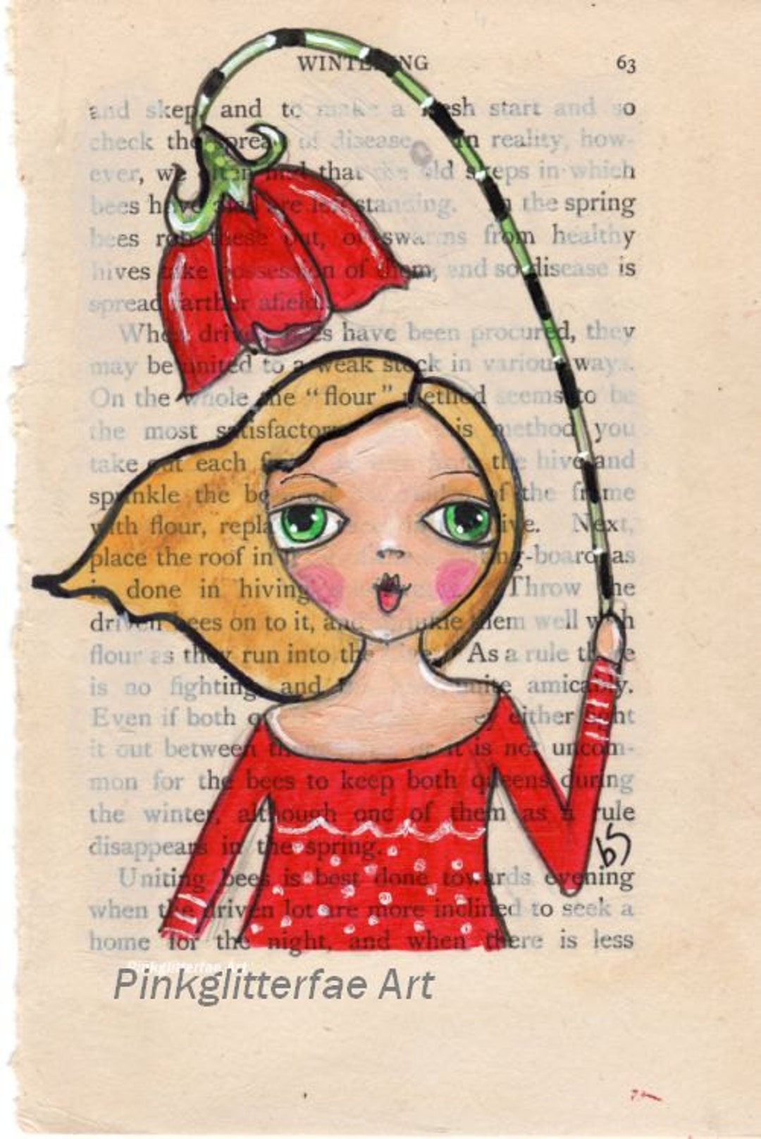 Girl With Flower Red Dress Original Illustration Vintage Book Page - Etsy