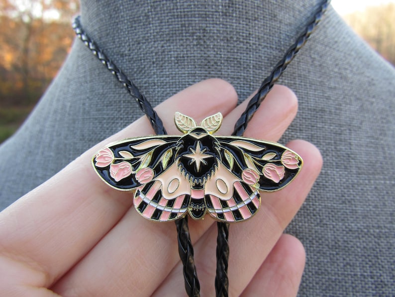 Forest Witch Moth Bolo Tie Necklace Black Braided Cord Golden Color ...