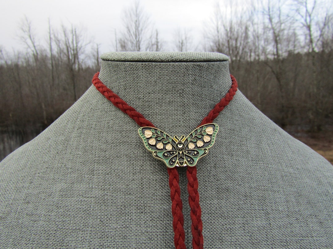 Witchy Floral Moth Bolo Tie Necklace Fuax Suede Braided Cord Maroon ...