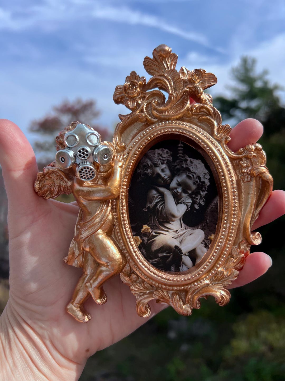 Whimigoth Cherub in a Gas Mask Home Decor Rosey Gold Ornate Frames for ...