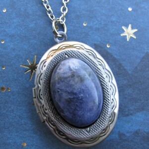 Dark Sodalite Stone Photo Locket Necklace Stainless Steel Chain Cottage ...