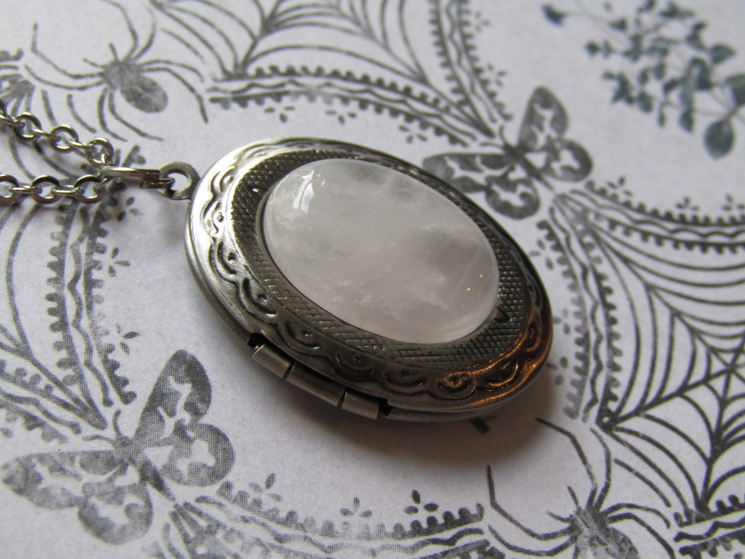 Pale Rose Quartz Stone Photo Locket Necklace Stainless Steel Chain ...