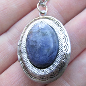 Dark Sodalite Stone Photo Locket Necklace Stainless Steel Chain Cottage ...
