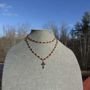 Gothic Rosary Double Hung Golden Cross Necklace Blood Red Dainty Beaded ...