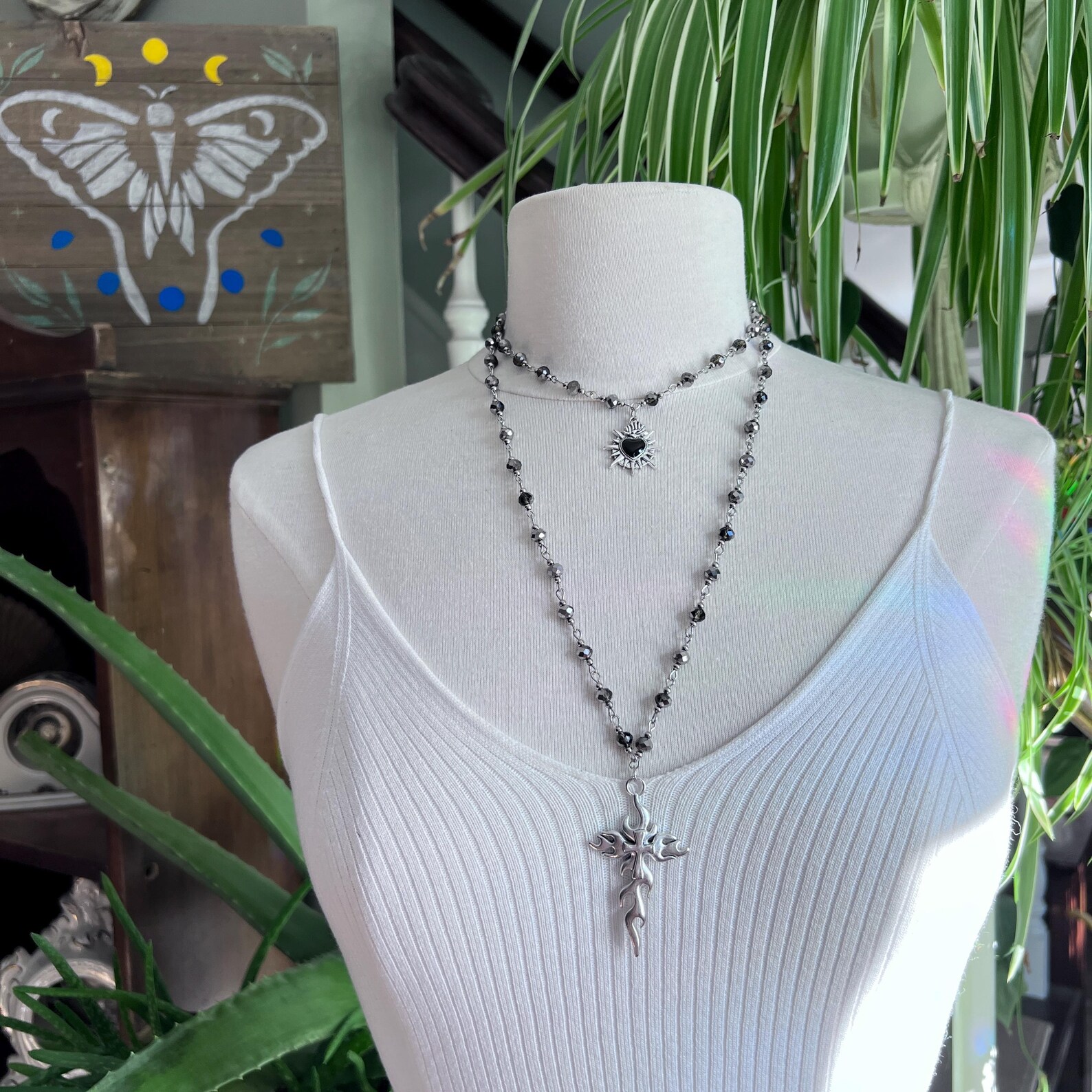 Flaming Cross Sacred Heart Rosary Inspired Double Hung Beaded Cross ...