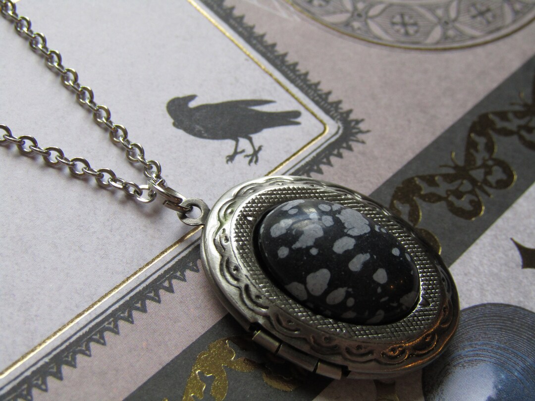 Snowflake Obsidian Stone Photo Locket Necklace Stainless Steel Chain ...