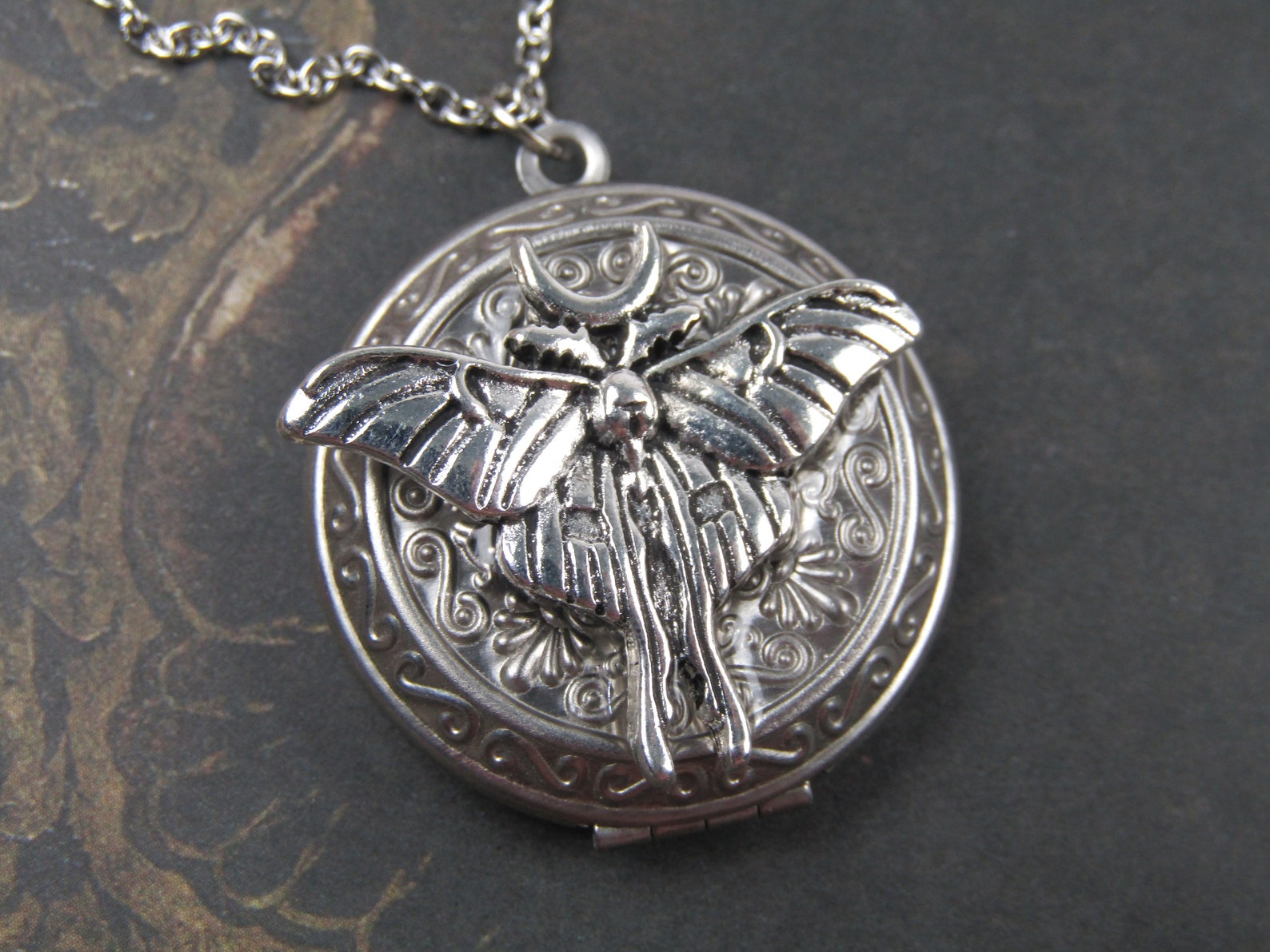 Custom Lunar Moth Photo Locket Stainless Steel Timeless Elegant Jewelry ...