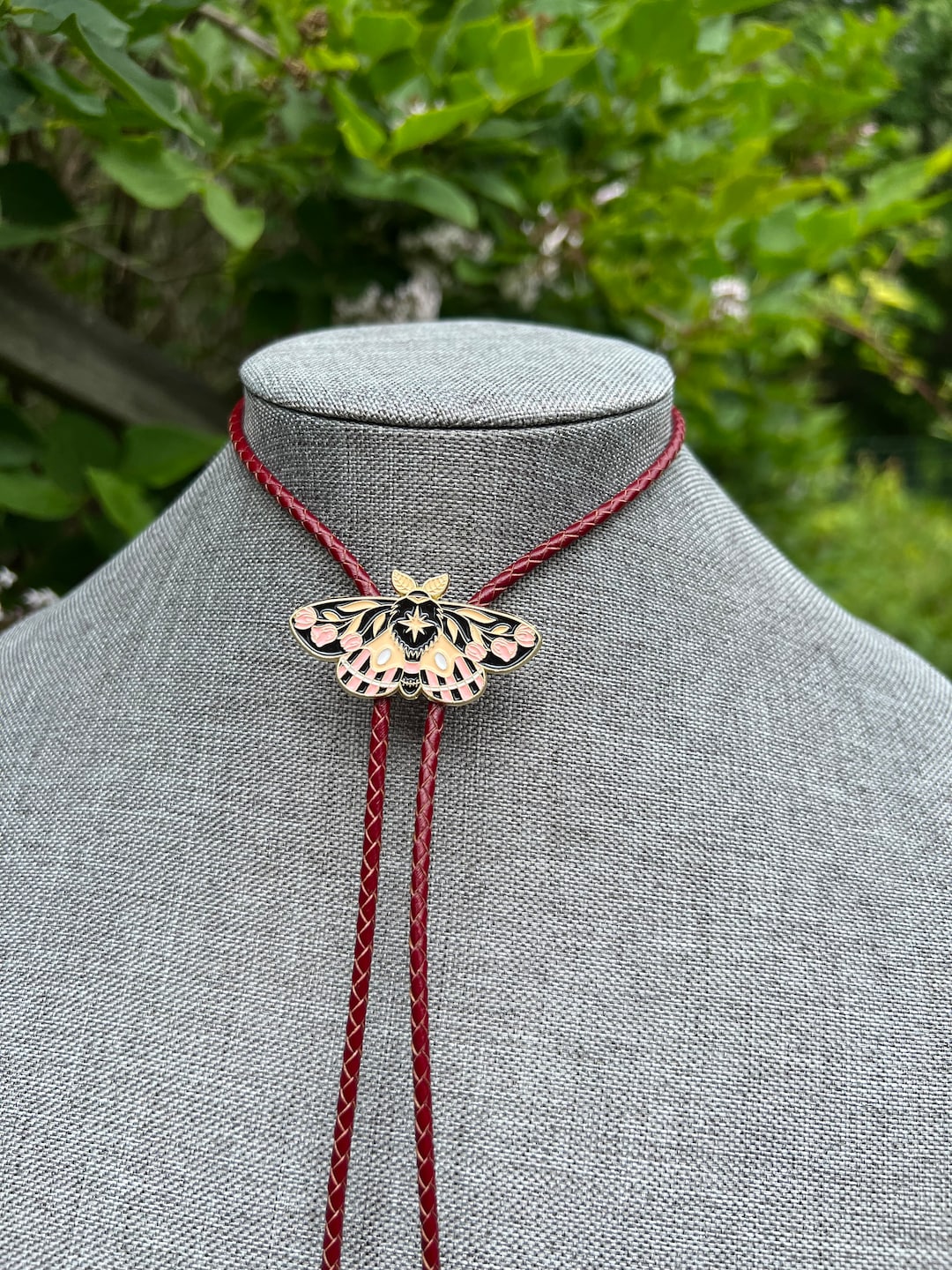 Stunning Witchy Moth Bolo Tie Necklace Burgundy Braided Leather Cord ...