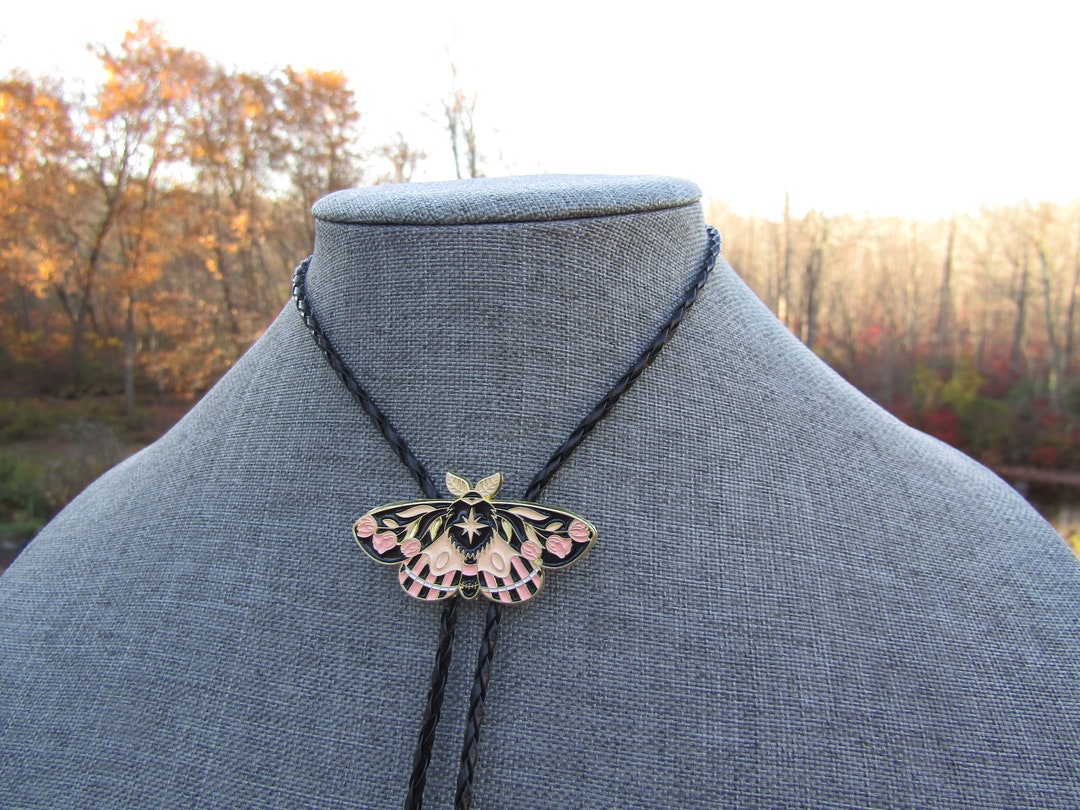 Forest Witch Moth Bolo Tie Necklace Black Braided Cord Golden Color ...