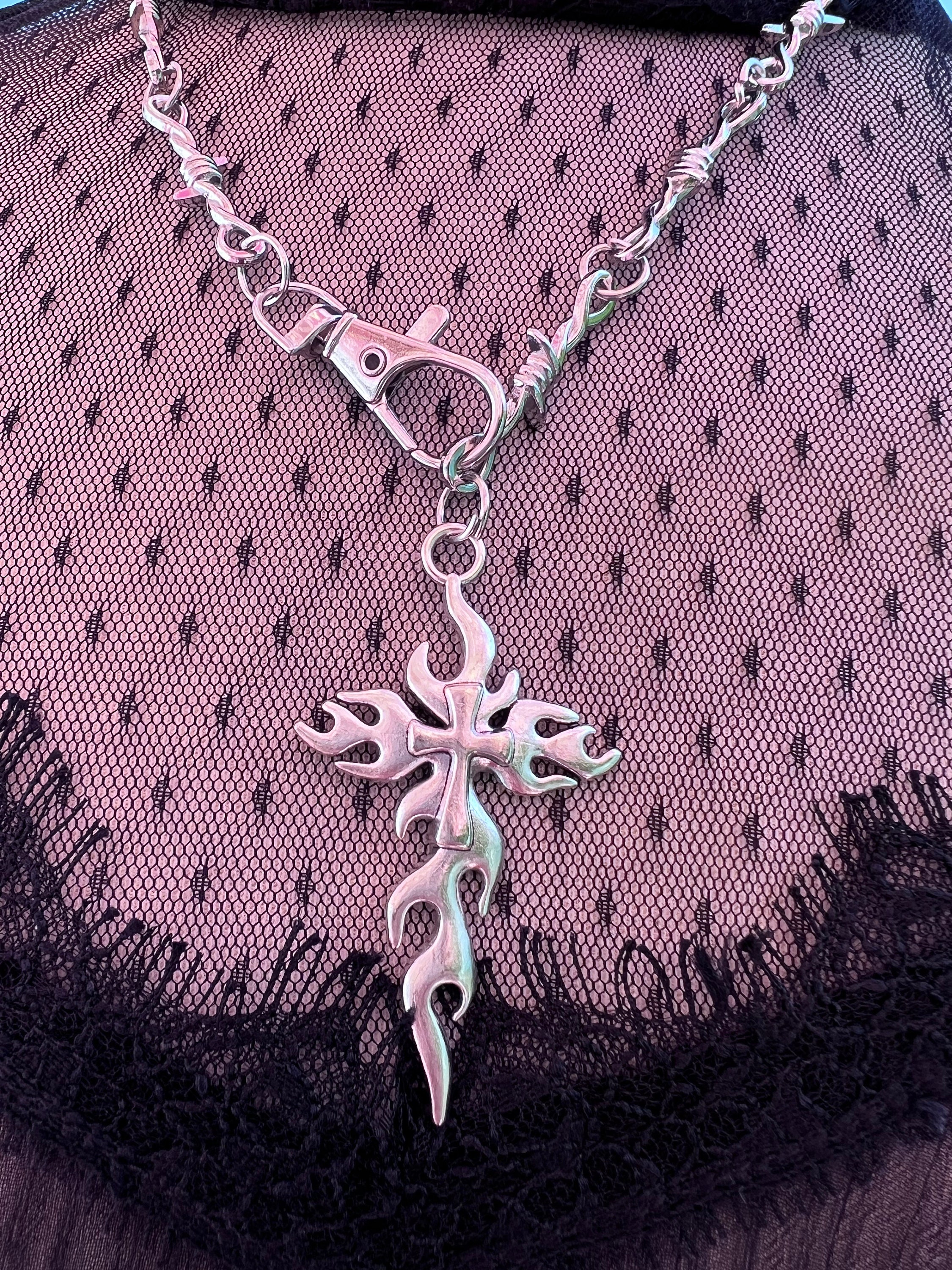 Barbed Wire Lariat Flaming Cross Industrial Crust Punk Chunky Rosary ...