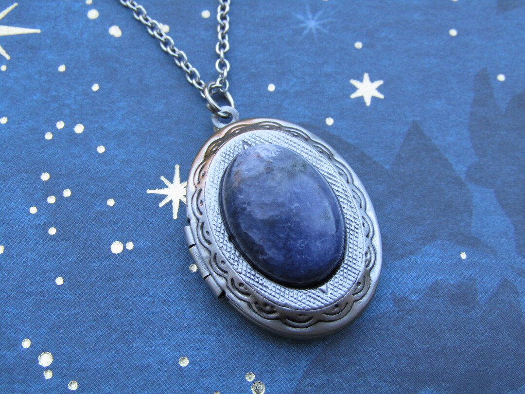 Dark Sodalite Stone Photo Locket Necklace Stainless Steel Chain Cottage ...