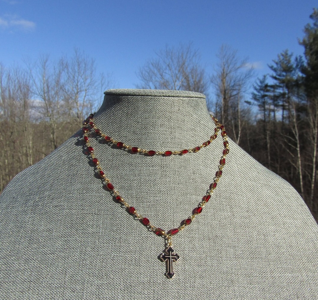 Gothic Rosary Double Hung Golden Cross Necklace Blood Red Dainty Beaded ...