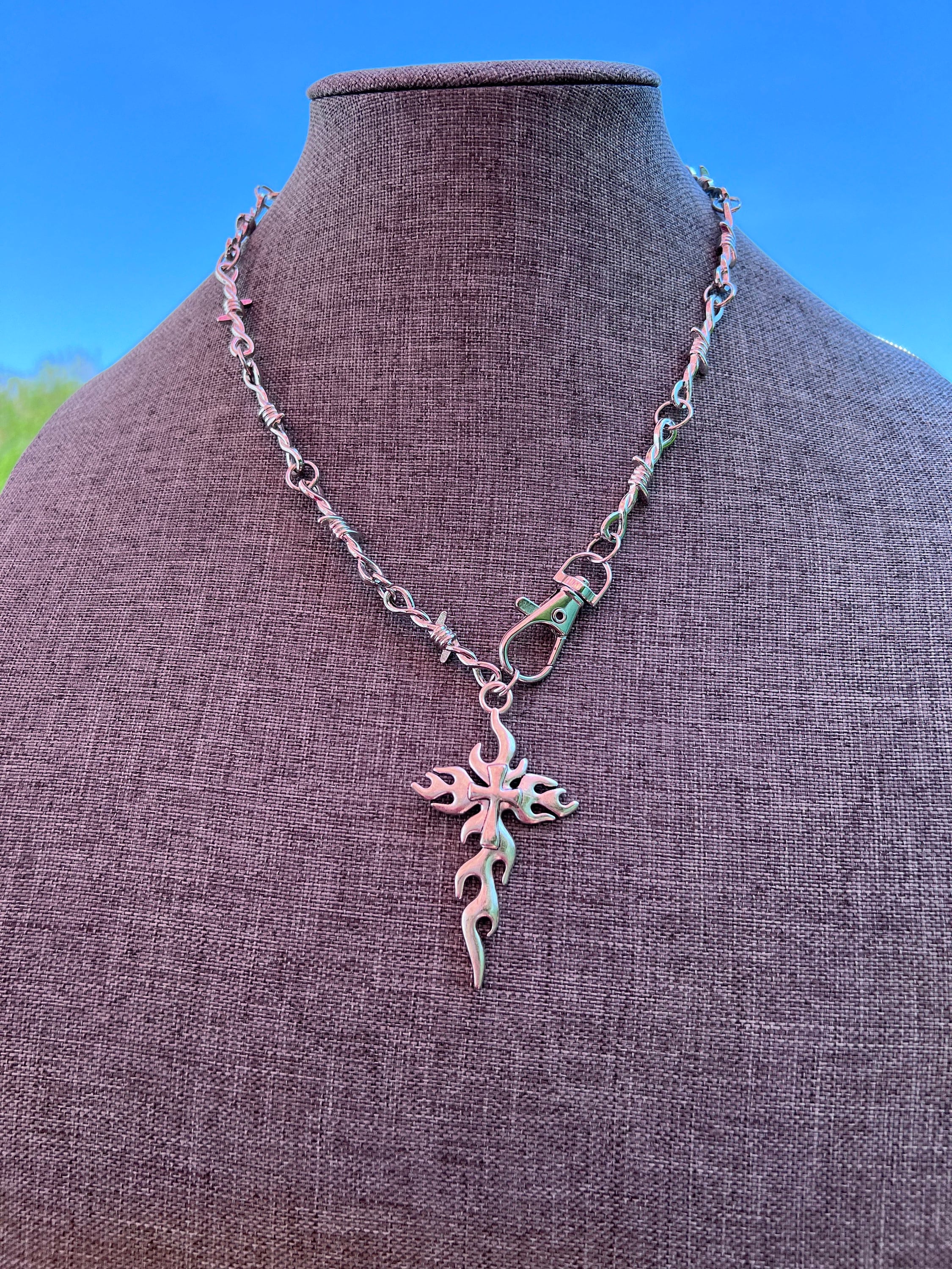 Barbed Wire Lariat Flaming Cross Industrial Crust Punk Chunky Rosary ...