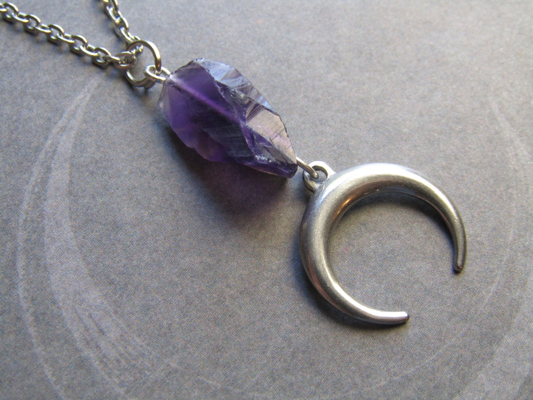Amethyst Moon Necklace Stainless Steel Chain Lovely Dark Purple Crystal ...
