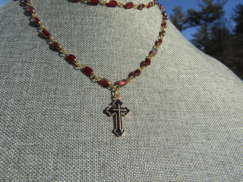 Gothic Rosary Double Hung Golden Cross Necklace Blood Red Dainty Beaded ...
