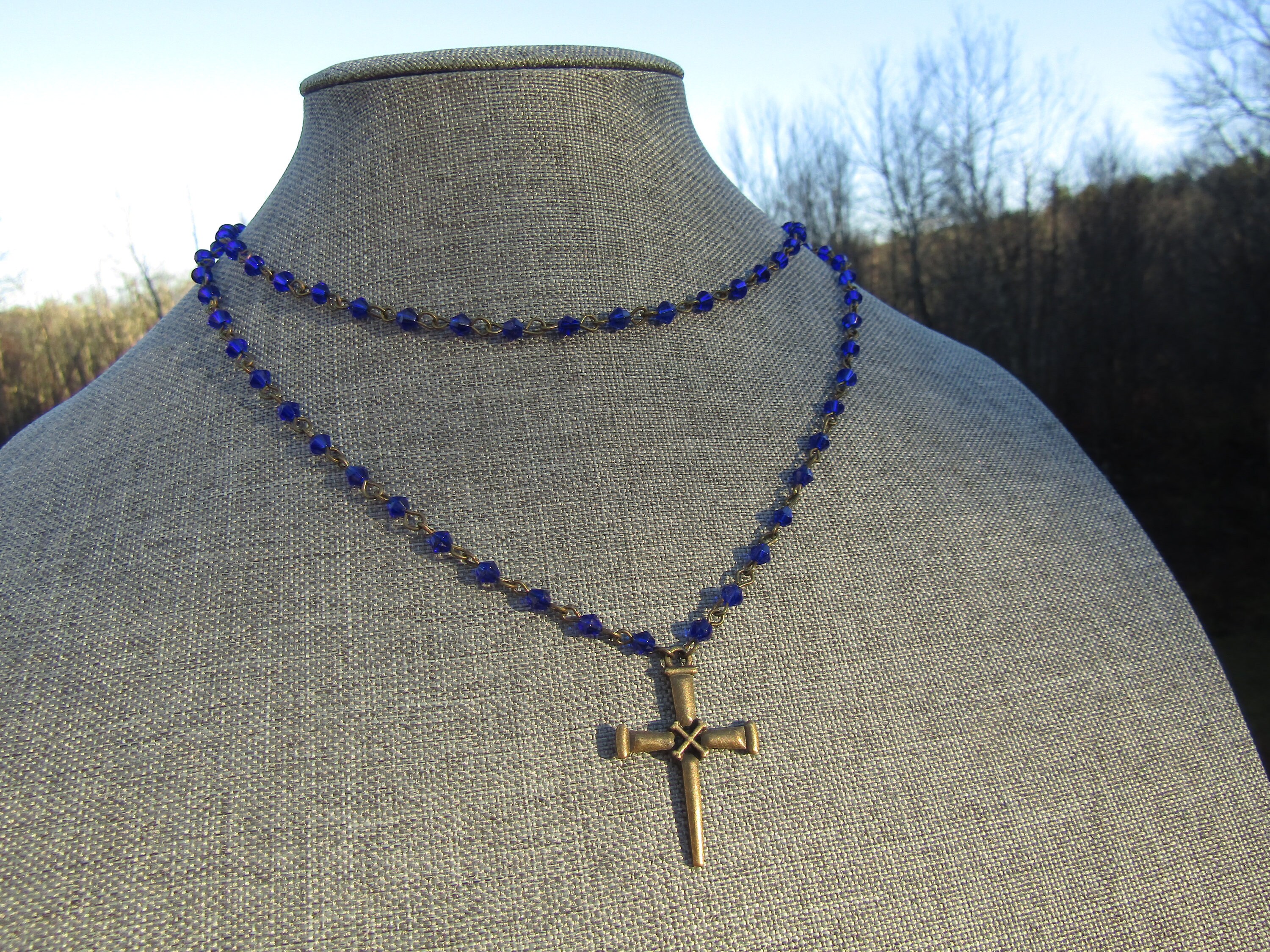 Double Hung Sword Rosary Necklace Bronze and Darl Blue Dainty Beaded ...