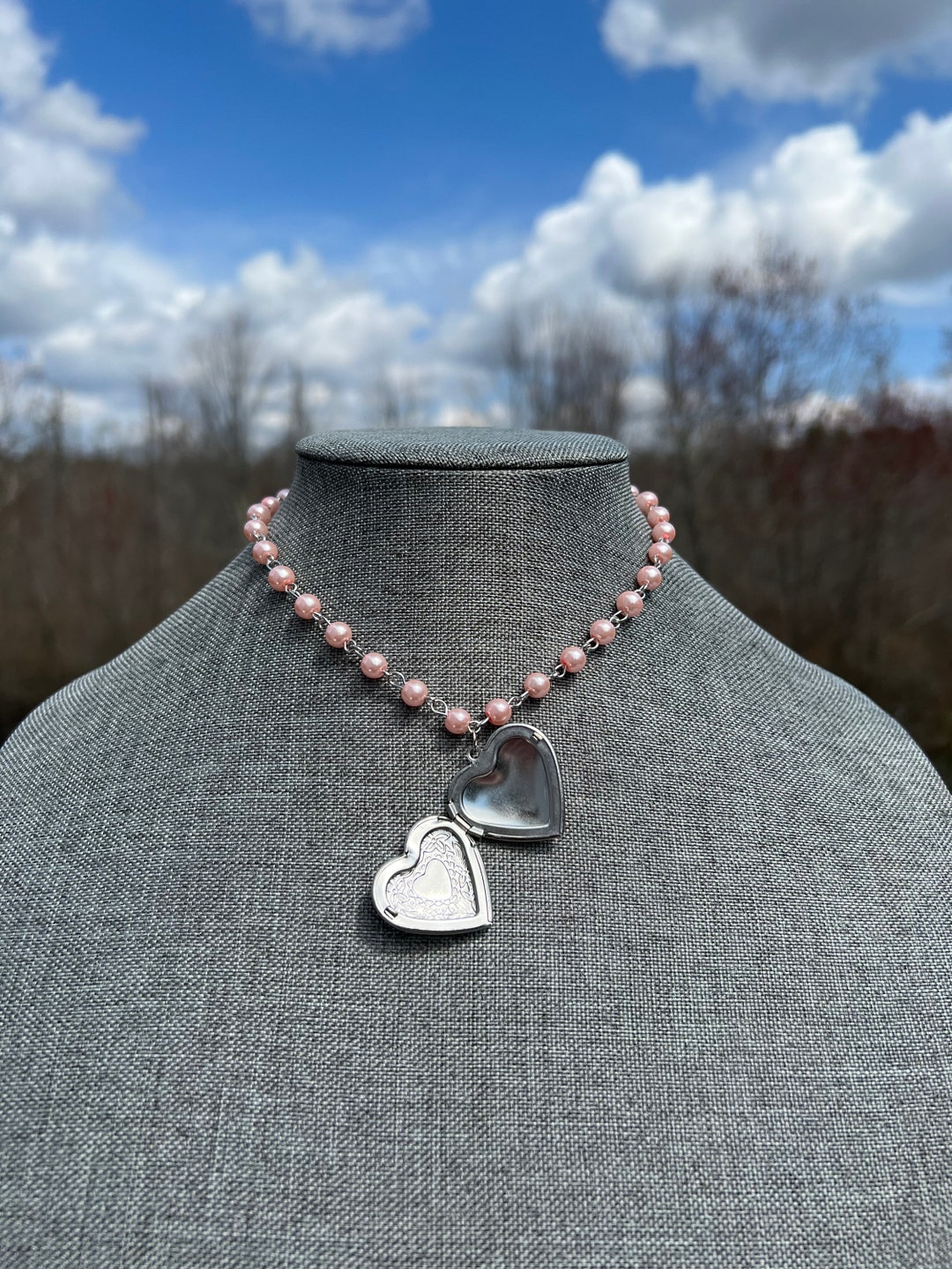 Coquette Vibes Photo Locket Retro Faux Pearl Necklace Pink Silver ...