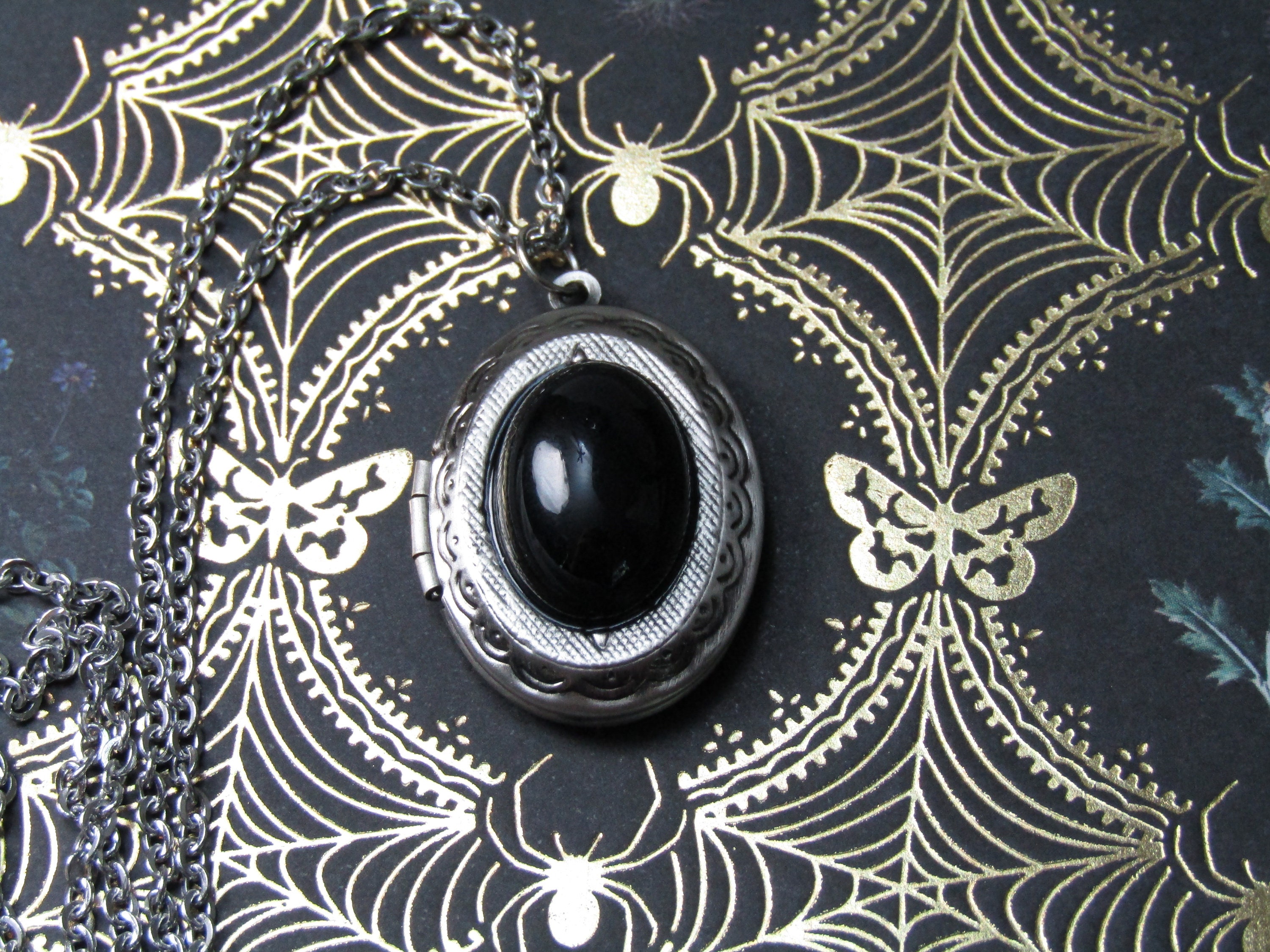 Gothic Black Stone Photo Locket Necklace Stainless Steel Chain - Etsy