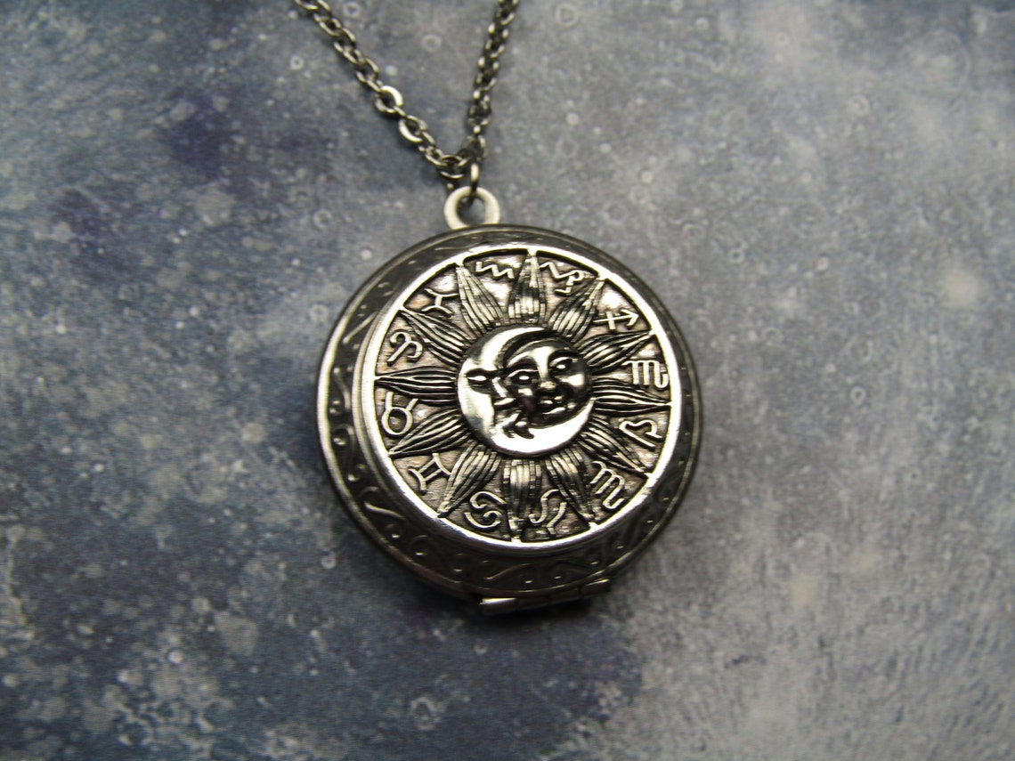 Zodiac Photo Locket Necklace Stainless Steel Necklace Chain Moon Sun ...