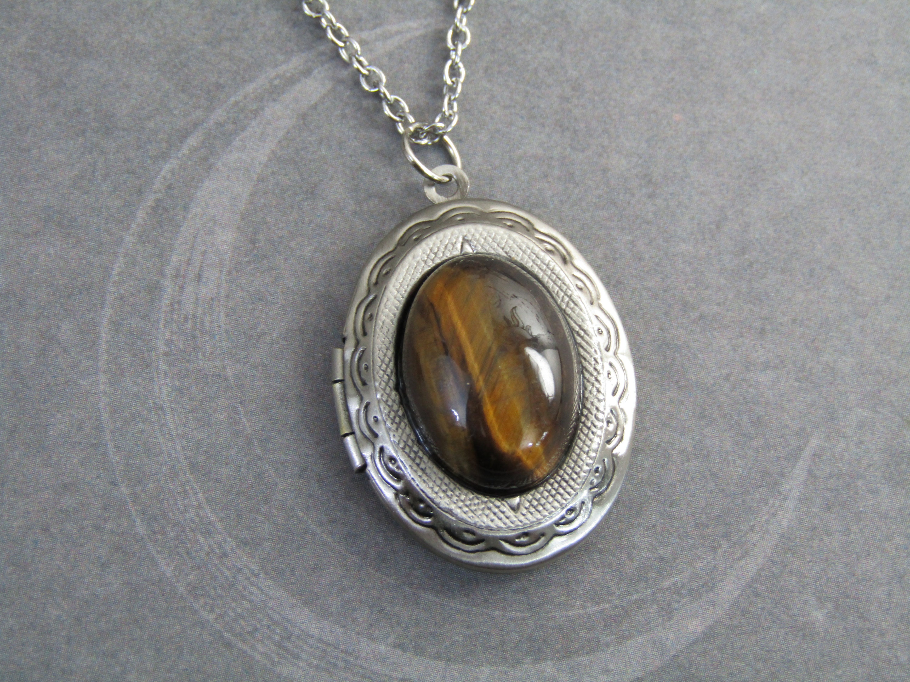 Tiger Eye Stone Photo Locket Necklace Stainless Steel Chain | Etsy