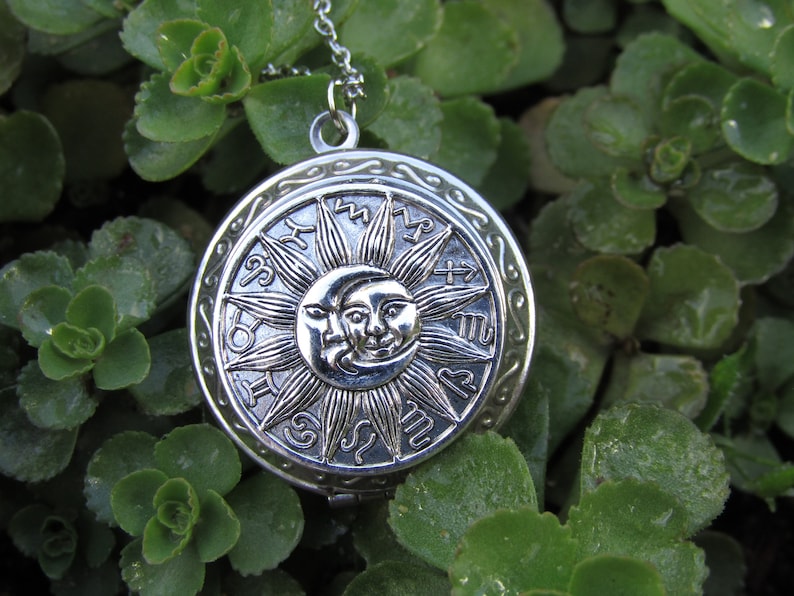Zodiac Photo Locket Necklace Stainless Steel Necklace Chain Moon Sun ...