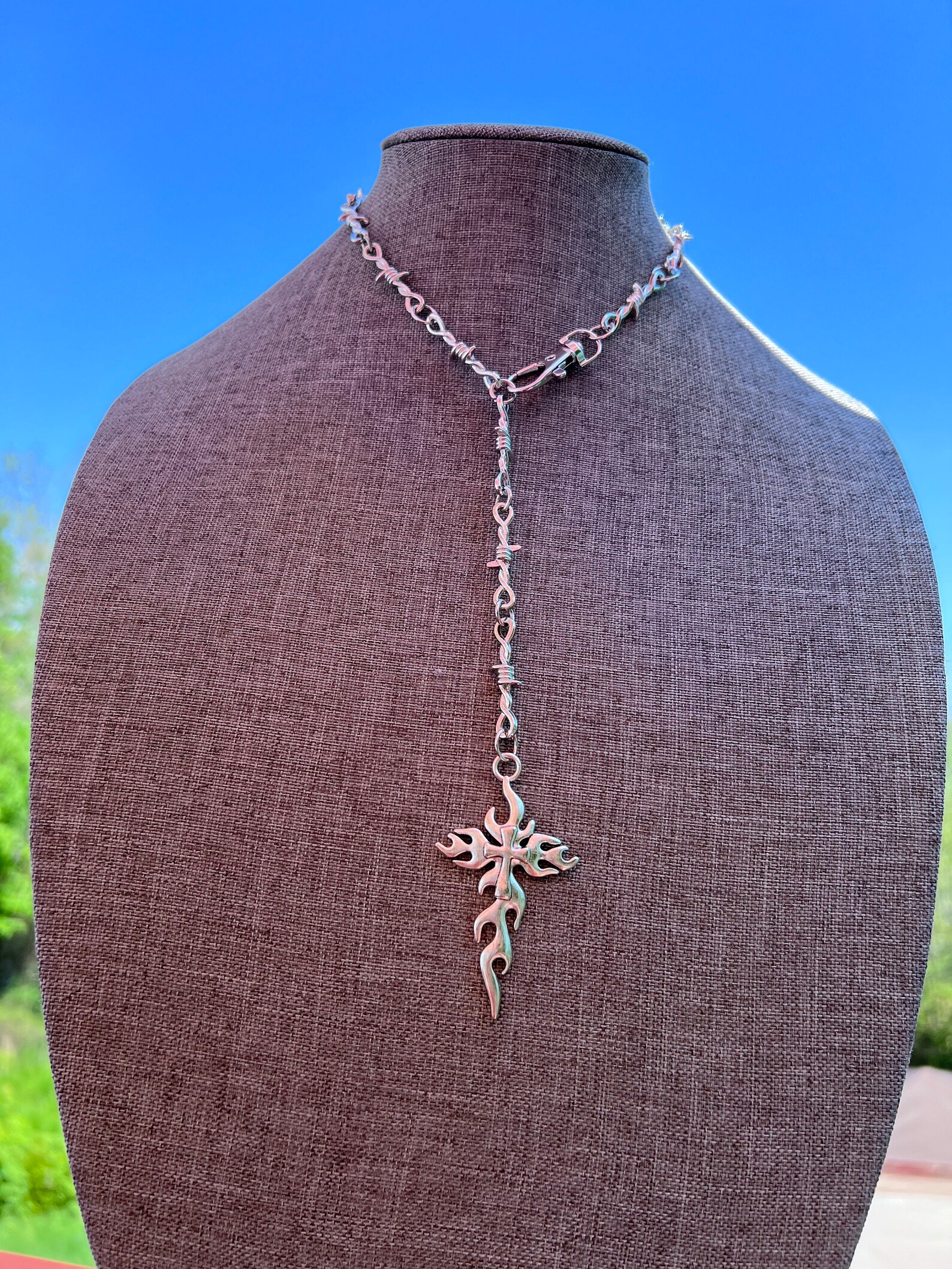 Barbed Wire Lariat Flaming Cross Industrial Crust Punk Chunky Rosary ...