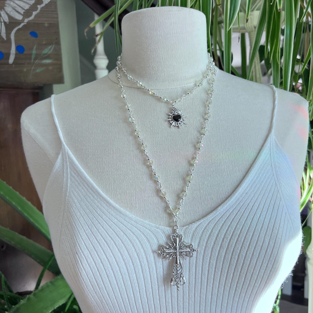 Coquette Sacred Heart Rosary Inspired Double Hung Beaded Cross Necklace ...