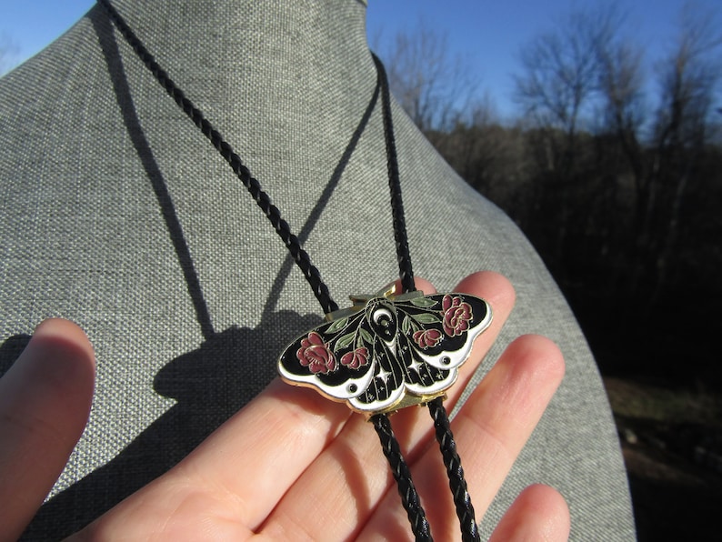 Celestial Rose Moth Bolo Tie Necklace Black Braided Leather Cord Golden ...
