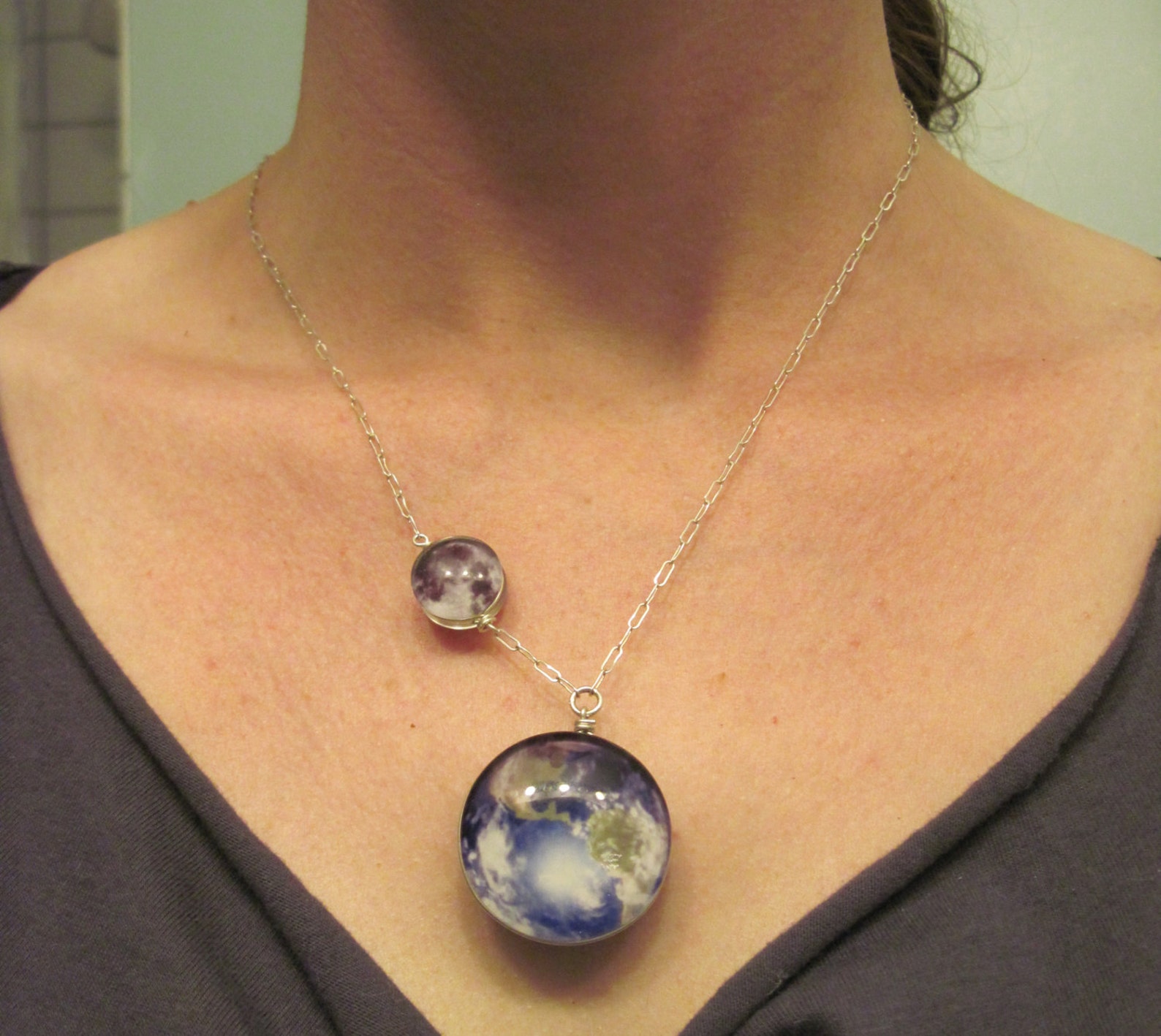 Double Sided Earth and Moon Sterling Silver Necklace - Etsy