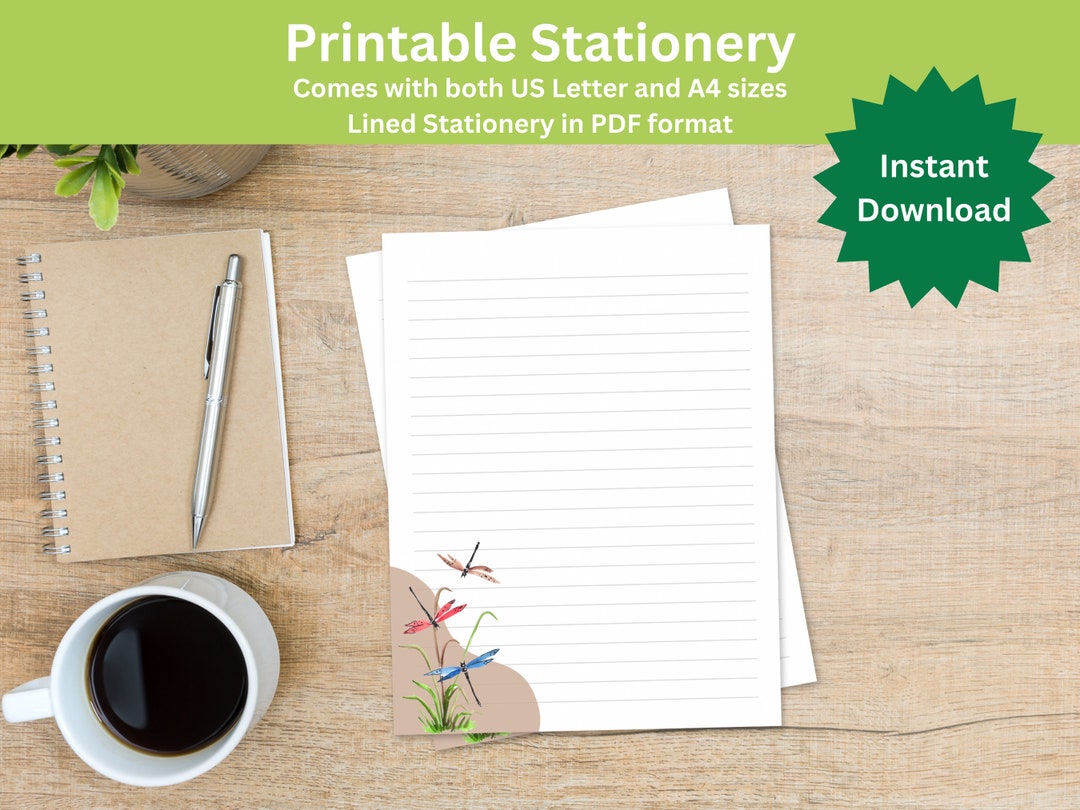 Dragonfly Printable Stationery, Writing Paper, Wide Ruled, US Letter ...