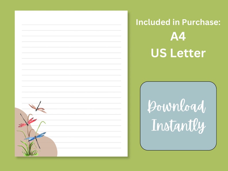 Dragonfly Printable Stationery, Writing Paper, Wide Ruled, US Letter ...