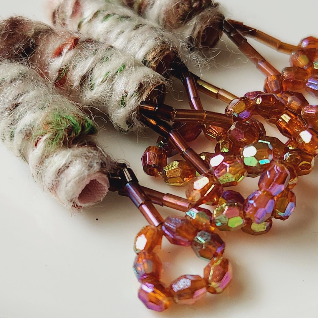 Set of 4 Fiber and Fabric Beaded Dread Tube Red Brown and Green Blebs ...