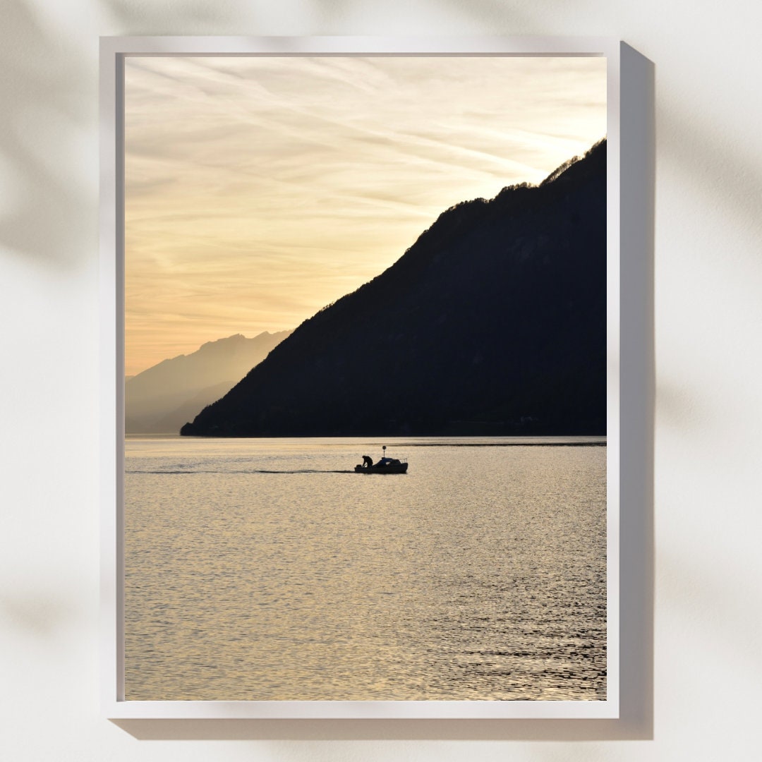 Art Photography Lake Sunset Mural Poster Mountains Minimalist Boat on ...