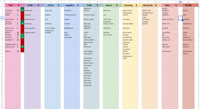 College Dorm Essentials Shopping List - Template - Etsy