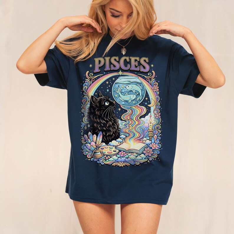 Pisces Cat Zodiac Shirt Retro Psychedelic Astrology Gift for Feline ...